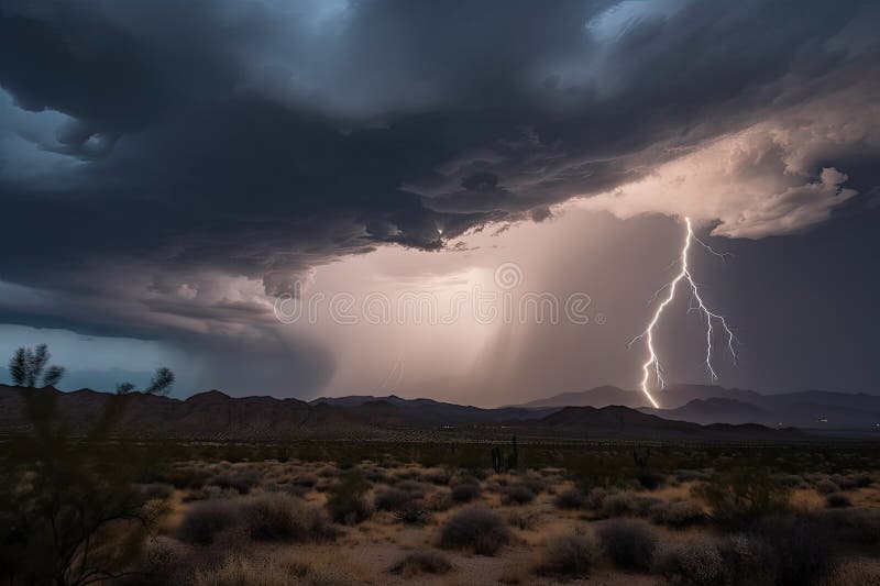 Storm Brews in the Desert, with Dramatic Lightning Strikes and Rolling ...