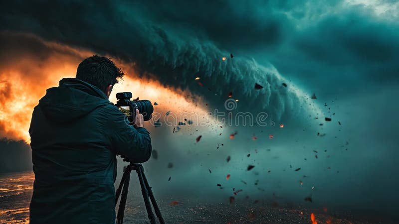 A Storm Chaser Capturing a Powerful Tornado with a Camera Amidst a ...