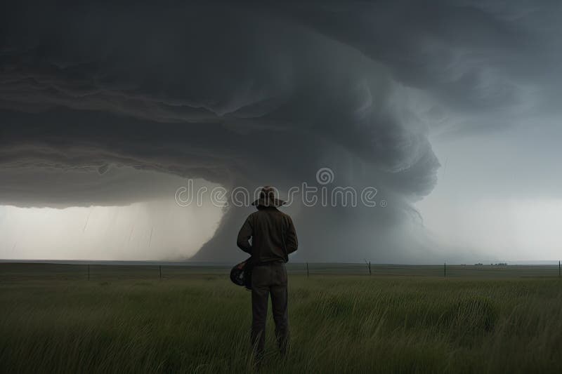 Storm Chaser Standing in the Eye of the Storm, Surrounded by Eerie ...