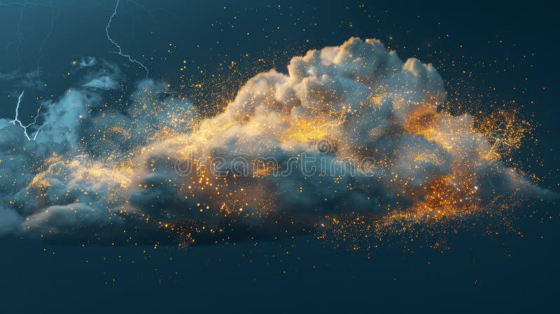 Storm Cloud with Lightning and Glowing Particles in Dark Sky, Dramatic ...