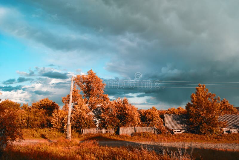 The Storm Clouds Approaching the Village Autumn Street Stock Photo ...