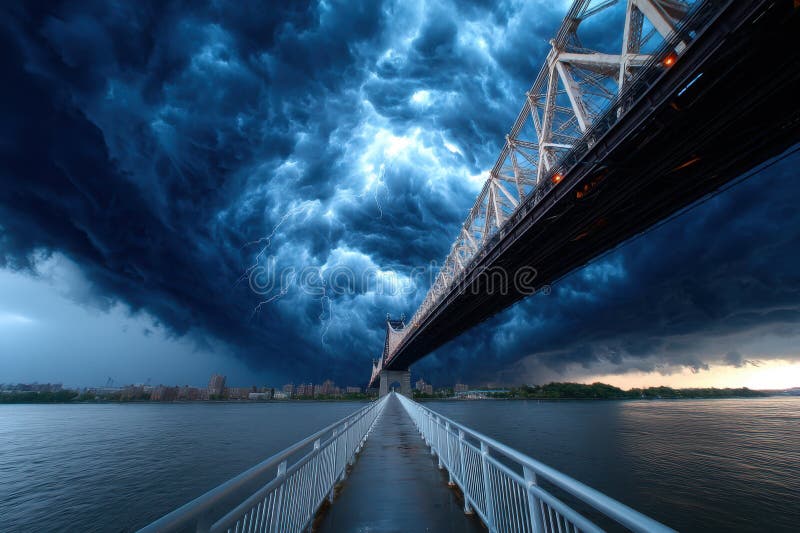 Storm Clouds Gather Ominously Over Bridge and River at Twilight Stock ...