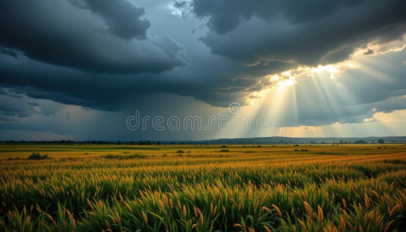 Storm Clouds Gather Over an Open Field with Sheets of Rain Falling in ...