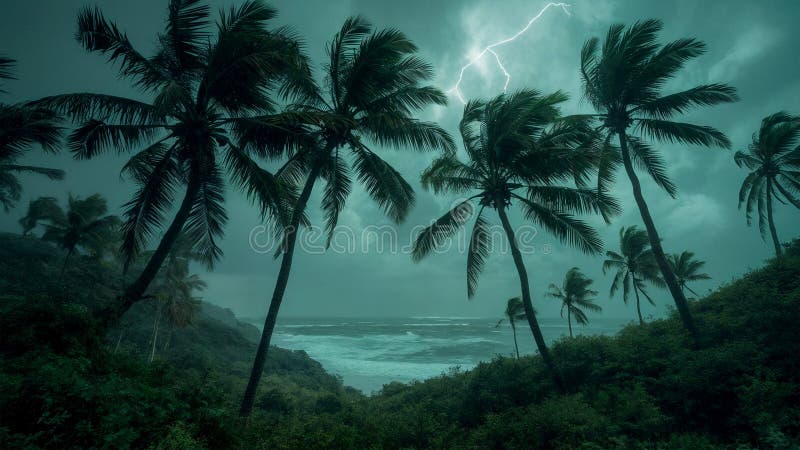 Storm Clouds Gather Over a Tropical Beach with Palm Trees Swaying in ...