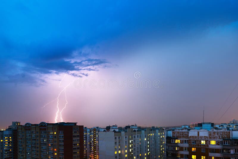 Storm Clouds, Heavy Rain. Thunderstorm and Lightning Over the City ...