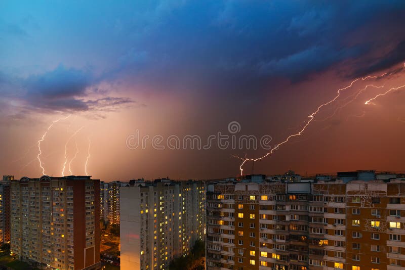 Storm Clouds, Heavy Rain. Thunderstorm and Lightning Over the City ...