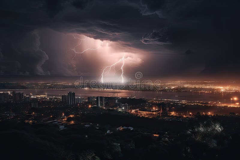 Storm Clouds and Lightning Above Hurricane, with View of Distant City ...
