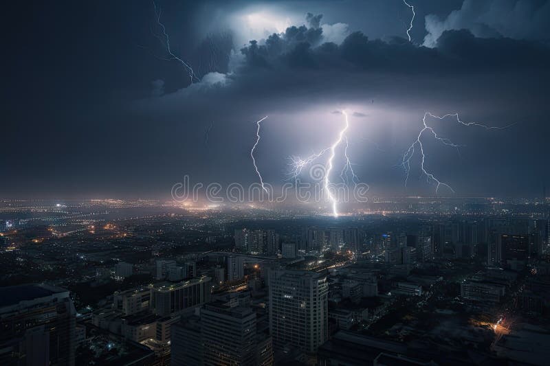 Storm Clouds and Lightning Above Hurricane, with View of Distant City ...