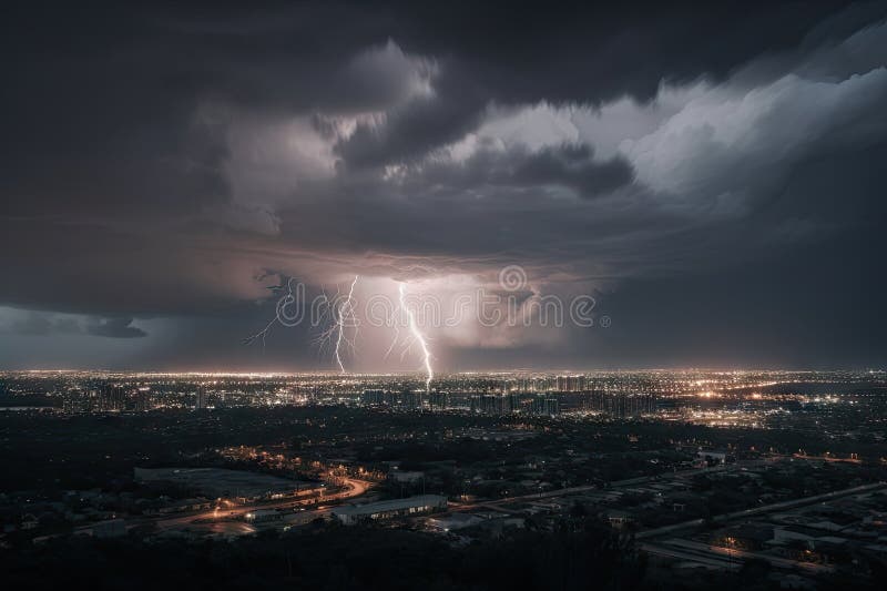 Storm Clouds and Lightning Above Hurricane, with View of Distant City ...