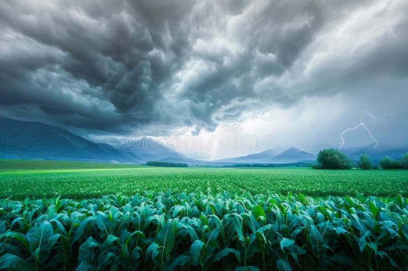 Storm Clouds and Lightning Over a Crop Field. Meteorology and ...