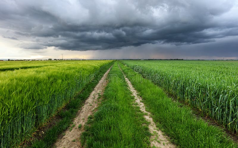 Storm Clouds Over Field and Road Stock Image - Image of background ...