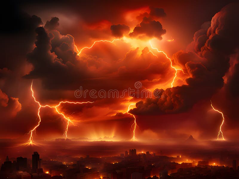 Storm Clouds with Red Lightning in Night Sky, Ai Generated Stock ...