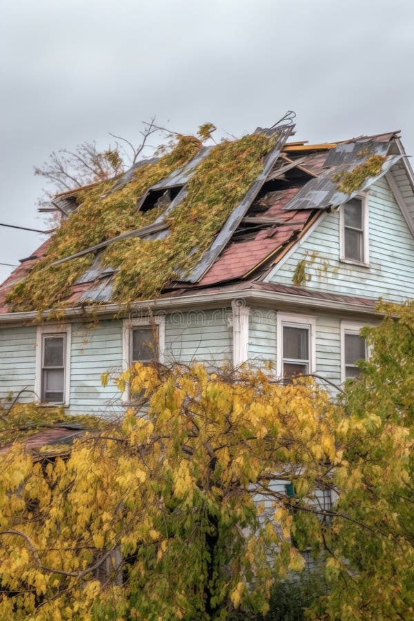 Roof Damage Revealing Exposed Insulation Stock Image - Image of repair ...
