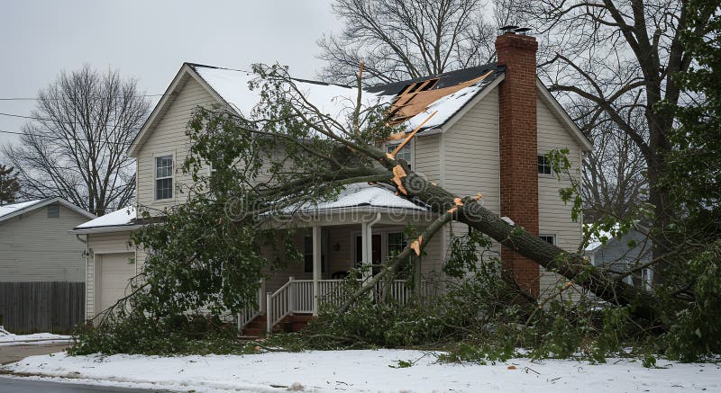 Storm Damage: Tree Crashes through House Roof, Winter Scene Stock ...