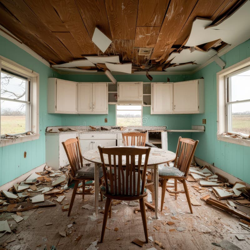 Storm Damaged Home Interior Kitchen Chaos Destruction Stock ...