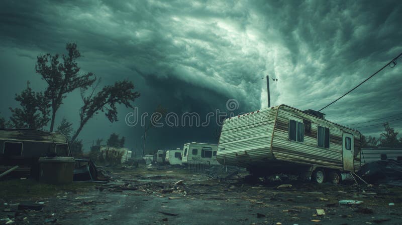 Storm Damaged Mobile Homes Under Dark Clouds Stock Image - Image of ...