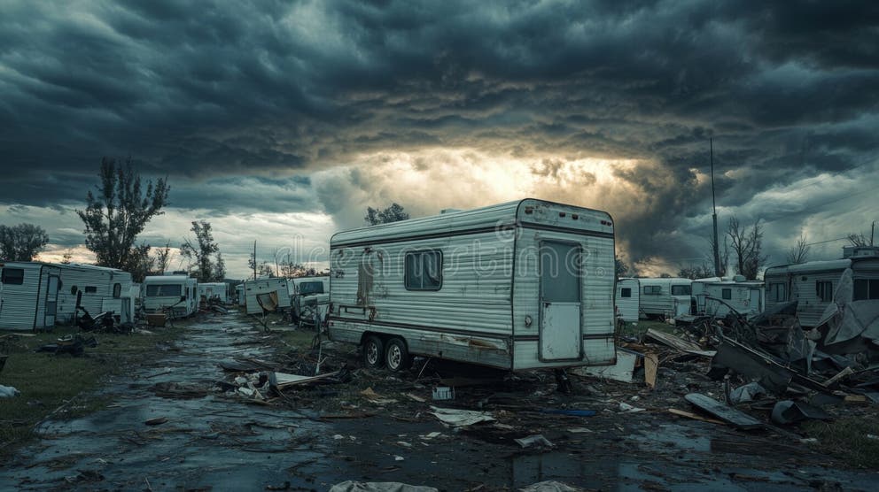 Storm Damaged Trailers Park Under Dark Clouds Stock Photo - Image of ...