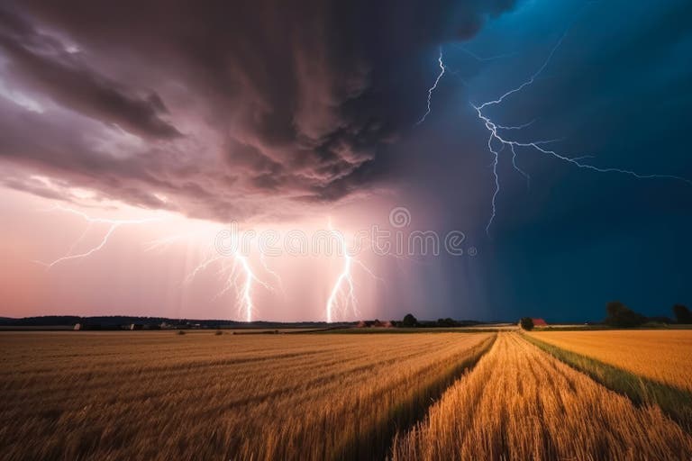 Storm with Heavy Lightning and Wind Over the Fields, Undergoing ...