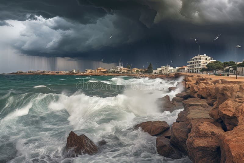 Storm and Heavy Rain on the Ocean Shore. Emergency Situation Stock ...