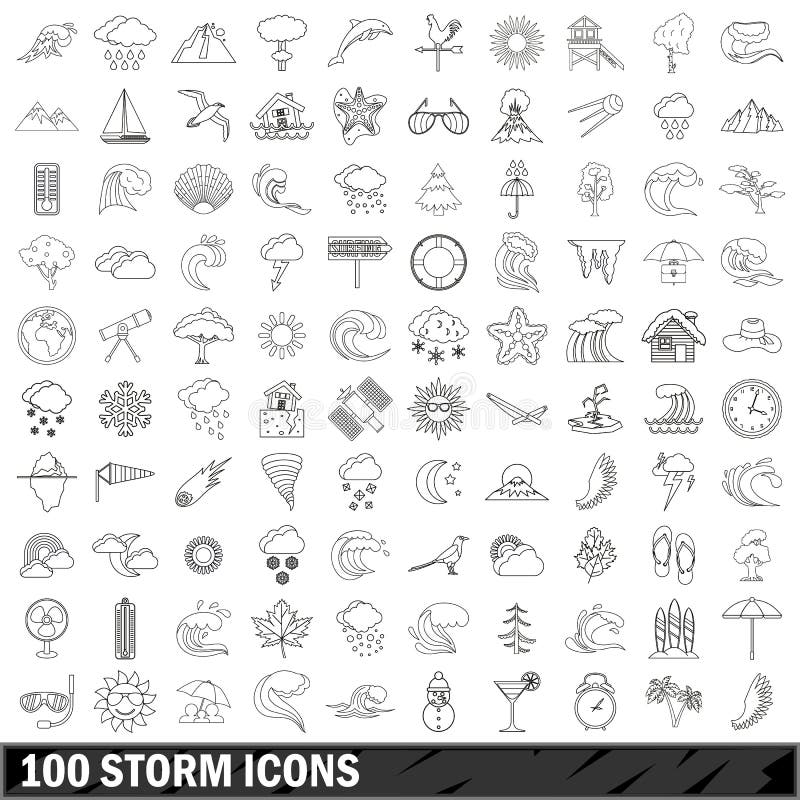 100 Storm Icons Set, Outline Style Stock Vector - Illustration of black ...