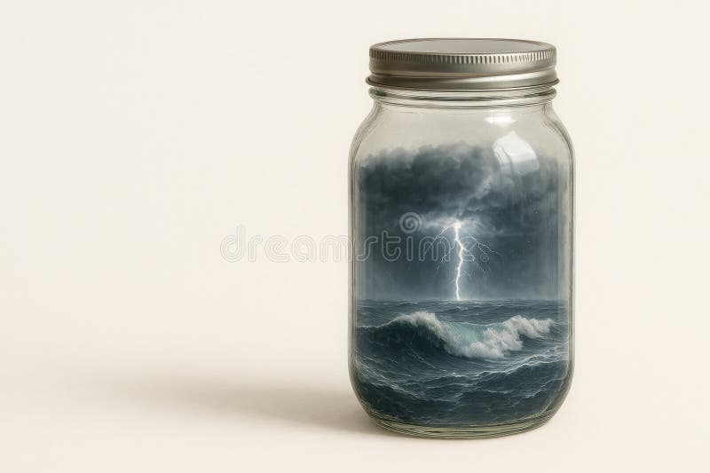 Storm and Lightning in a Glass Jar with a Raging Sea. Space for Text ...