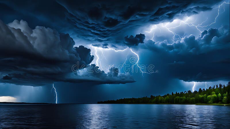 Storm with Lightning. Thunderclouds Over a Pond Stock Image - Image of ...