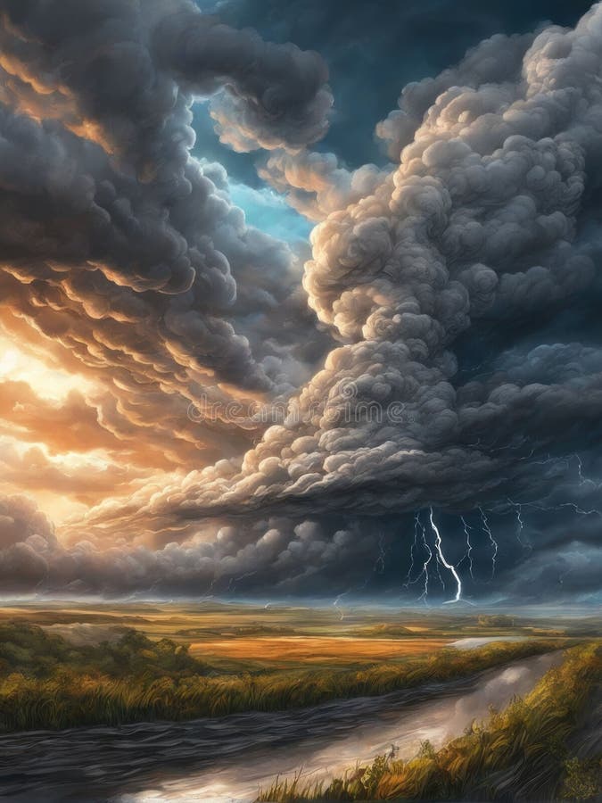 A Storm Moving through the Sky Over a Road and Grass Field Stock ...