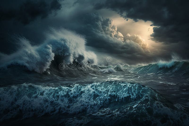 Storm Over the Ocean with Big Waves in a Dark Style, Raging Ocean ...