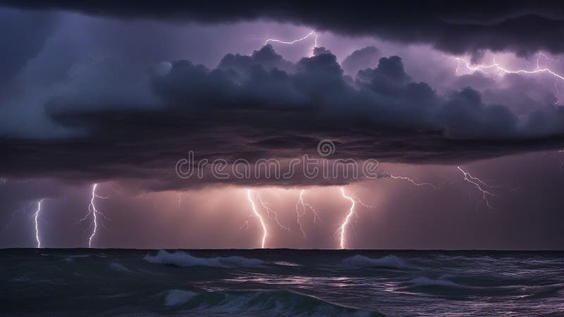 Storm Over the Ocean with Lightning and Thunder Clouds Stock ...