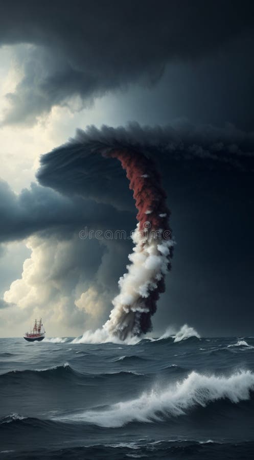 Storm Over the Ocean, Power Wind Over the Sea, Tornado Scenne on the ...