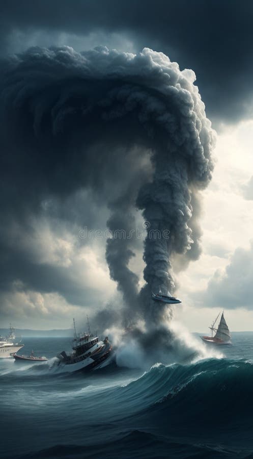 Storm Over the Ocean, Power Wind Over the Sea, Tornado Scenne on the ...