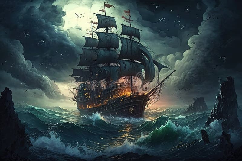 During a Storm, the Pirate Ship Stock Illustration - Illustration of ...