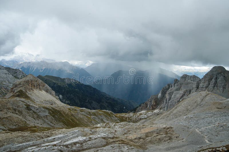 Storm Rain is Falling Down in Mountain Range in Dolomites Rocks ...