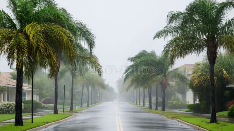 Storm and Rain on the Street with Palm Trees Stock Video - Video of ...