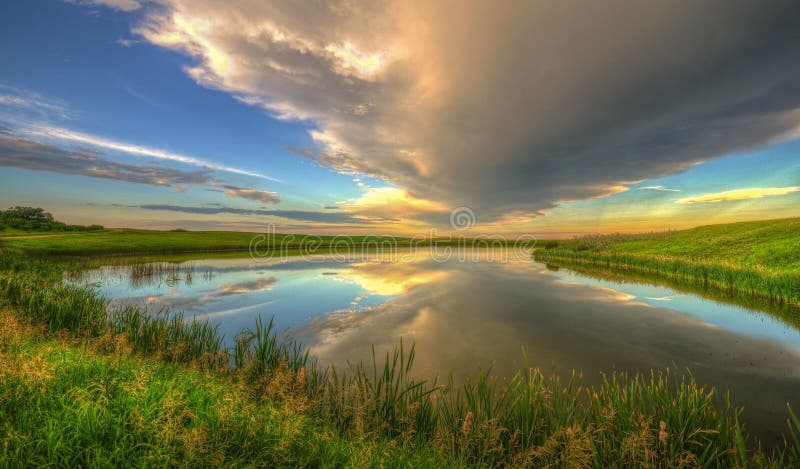 Idyllic Grassy Field with a Sparkling Blue Lake Visible in the Distance ...
