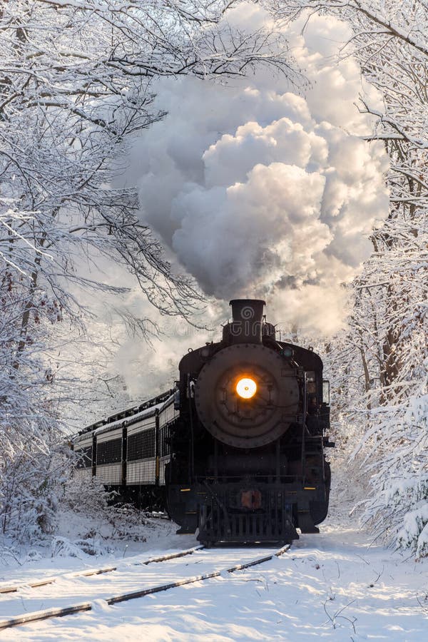 Steam train in snow stock image. Image of smoke, locomotive - 238068963