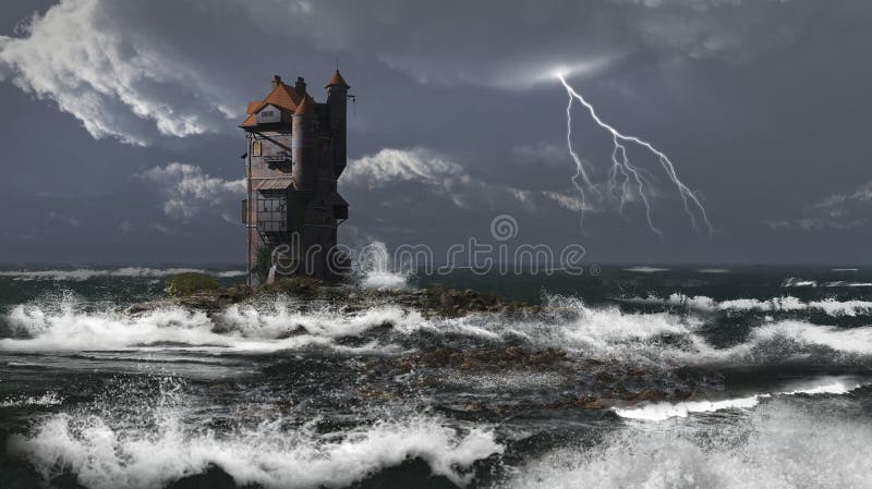 Lighthouse under the storm stock illustration. Illustration of marine ...