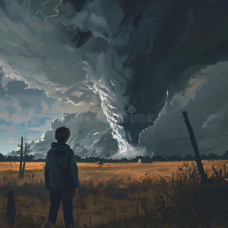 Storm Watcher. a Figure Observes an Approaching Tornado Amidst a ...
