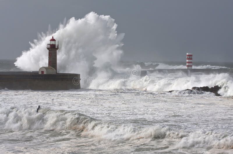 Storm Waves Over the Lighthouse Stock Photo - Image of douro, freedom ...