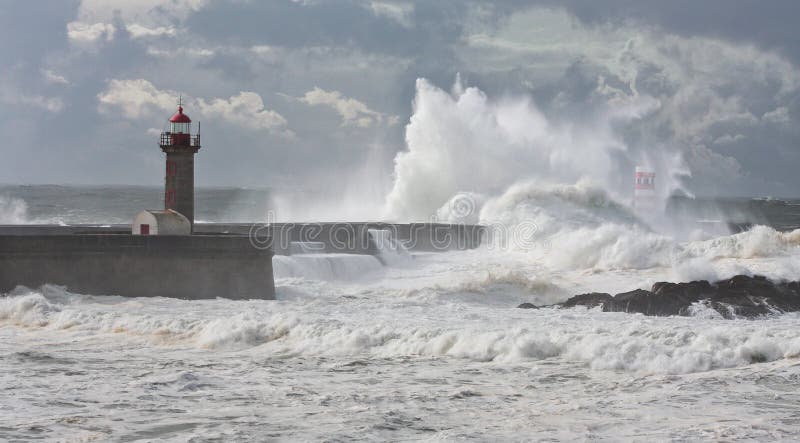 Storm Waves Over the Lighthouse Stock Photo - Image of dramatic, blue ...