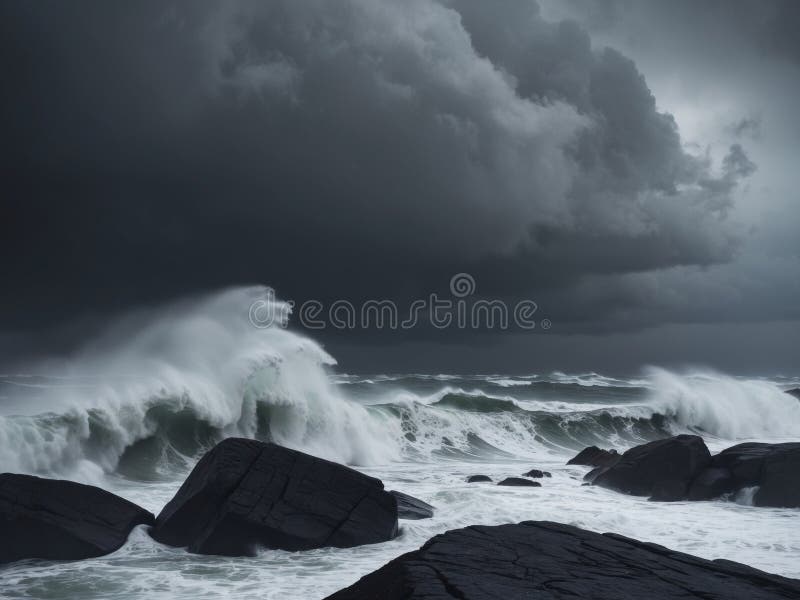 Storm Waves on a Rocky Beach on a Cloudy and Windy Day. Stock Image ...