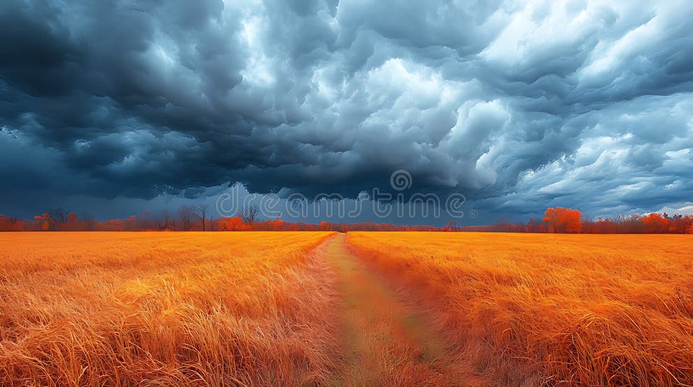 Stormy Autumn Field Path, Dramatic Clouds, Sunset Stock Illustration ...