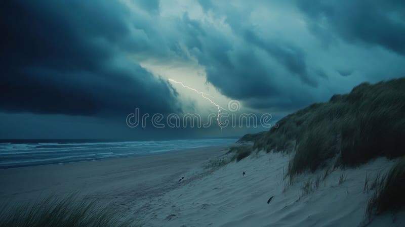 Stormy Beach with Dark Clouds and Lightning Striking in the Distance ...