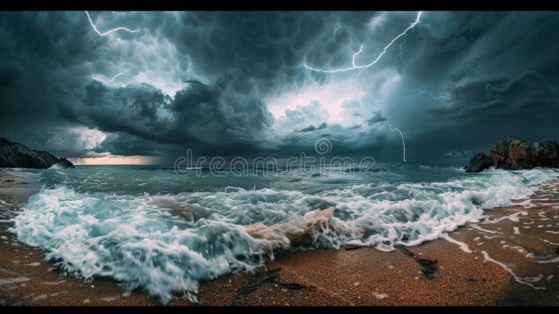 Stormy Beach with Lightning and Dark Clouds Stock Illustration - Illustration of water, scenic ...