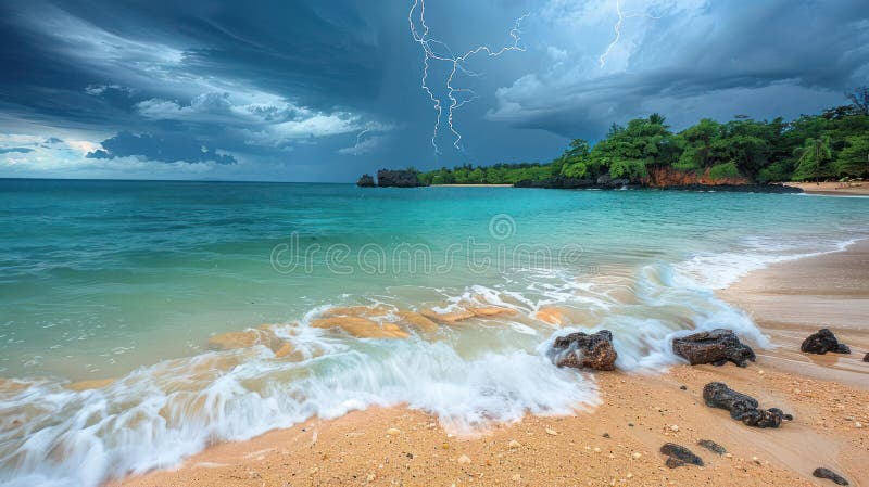 Dramatic Lightning Storm Over Tropical Beach Stock Illustration ...