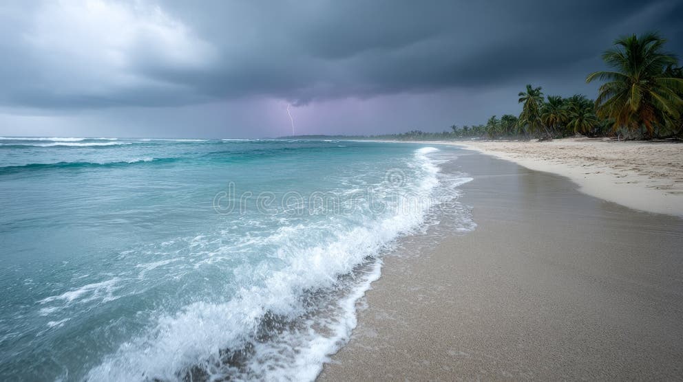 Stormy Beach with Waves, Palm Trees, and Distant Lightning Stock Image ...