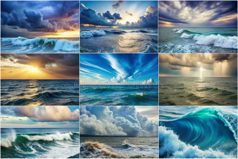 Stormy and Calm Sea or Ocean Surface Collage Stock Illustration ...