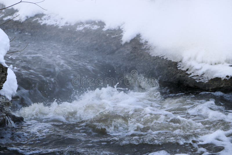 Stormy Creek. Wave and Foam in the Flow. Splashes, Bubbles, Waves ...
