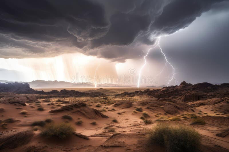Stormy Desert Landscape with Lightning and Rolling Thunder Stock ...