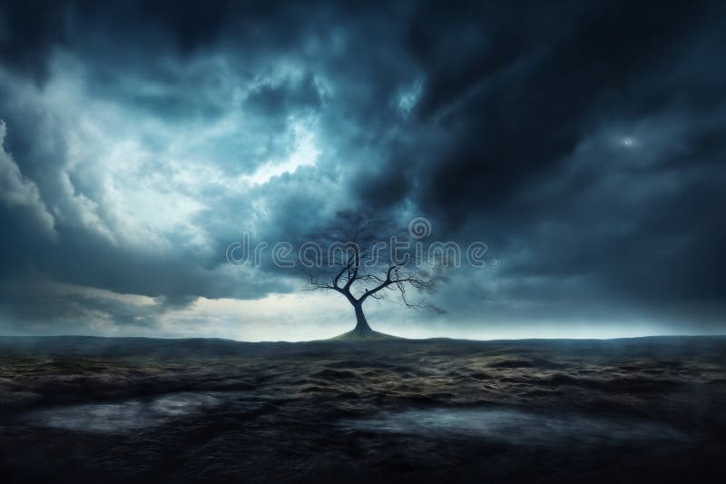 Stormy Landscape, Dark Dramatic Sky with Cumulus Clouds Over Plain with ...